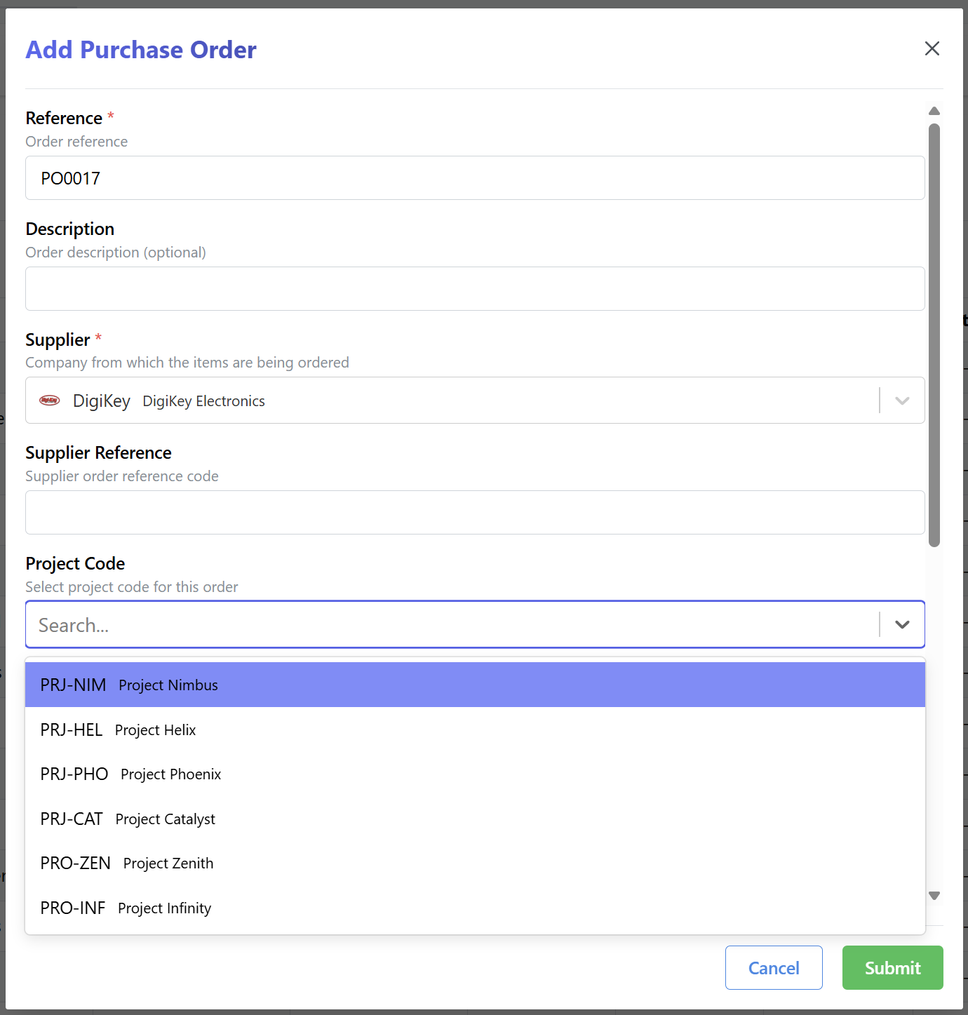 Project Codes - InvenTree Documentation